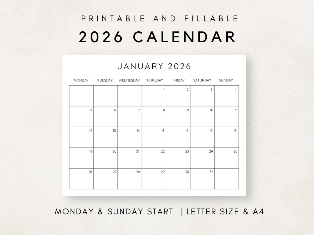 2026 Calendar Printable, Monthly Calendar 2026, Fillable Calendar, 2026 ...