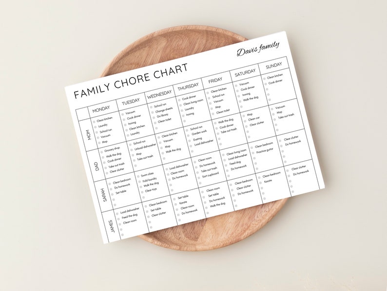 Family Chore Chart Printable, Editable Family Schedule, Family Chores ...