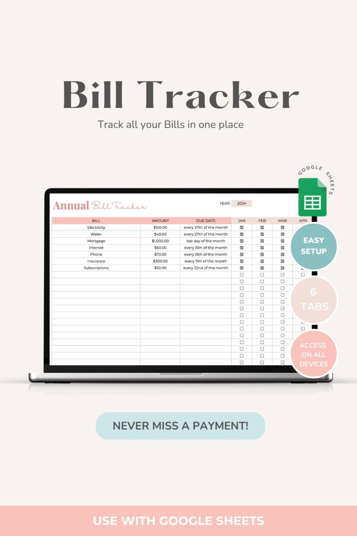 Bill Tracker Spreadsheet Template Monthly Bill Planner Bill Payment ...