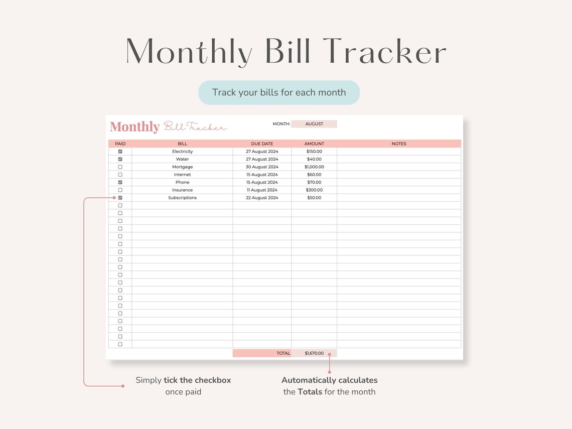 Bill Tracker Spreadsheet Template Monthly Bill Planner Bill Payment ...