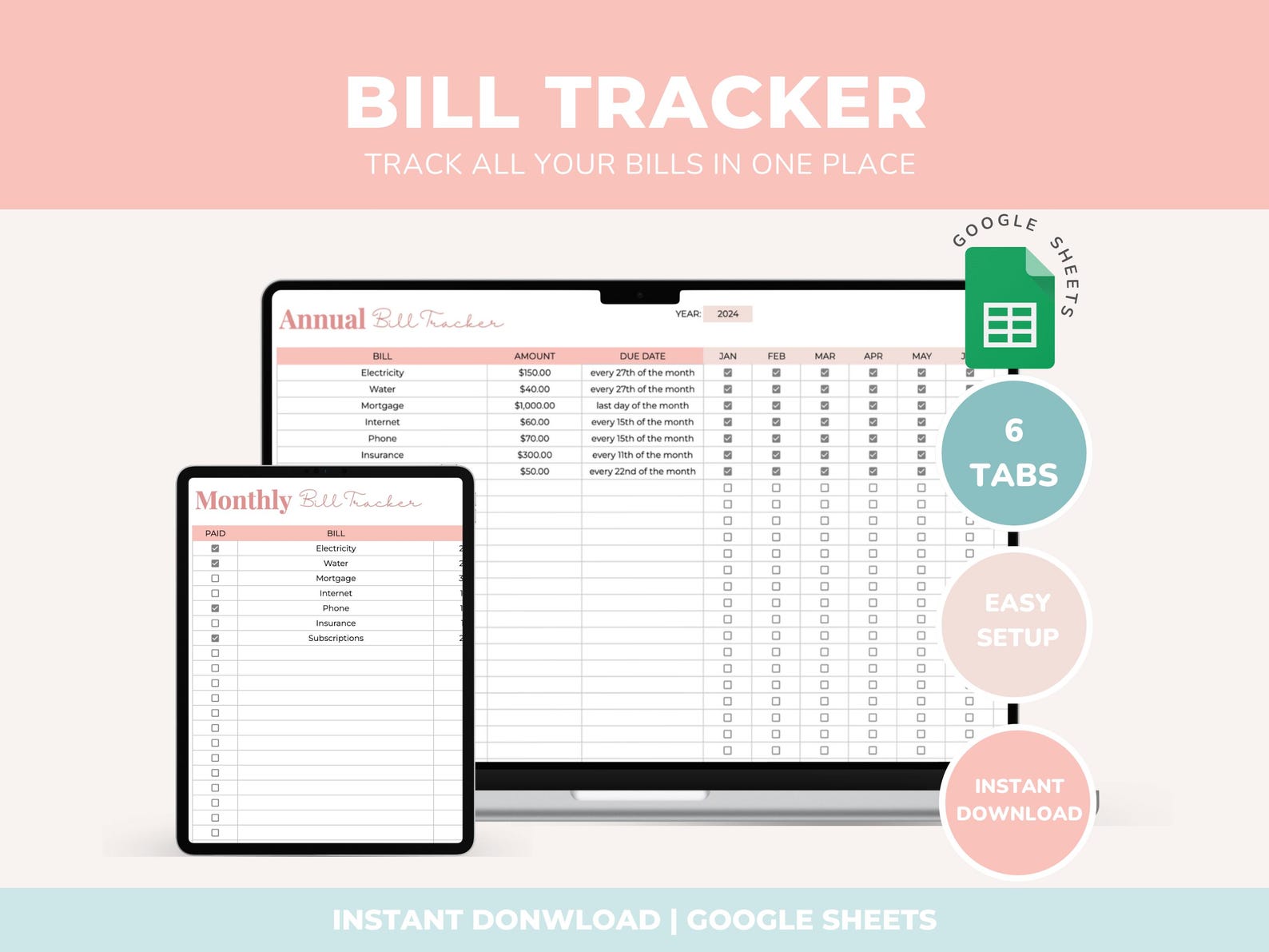 Bill Tracker Spreadsheet Template Monthly Bill Planner Bill Payment ...