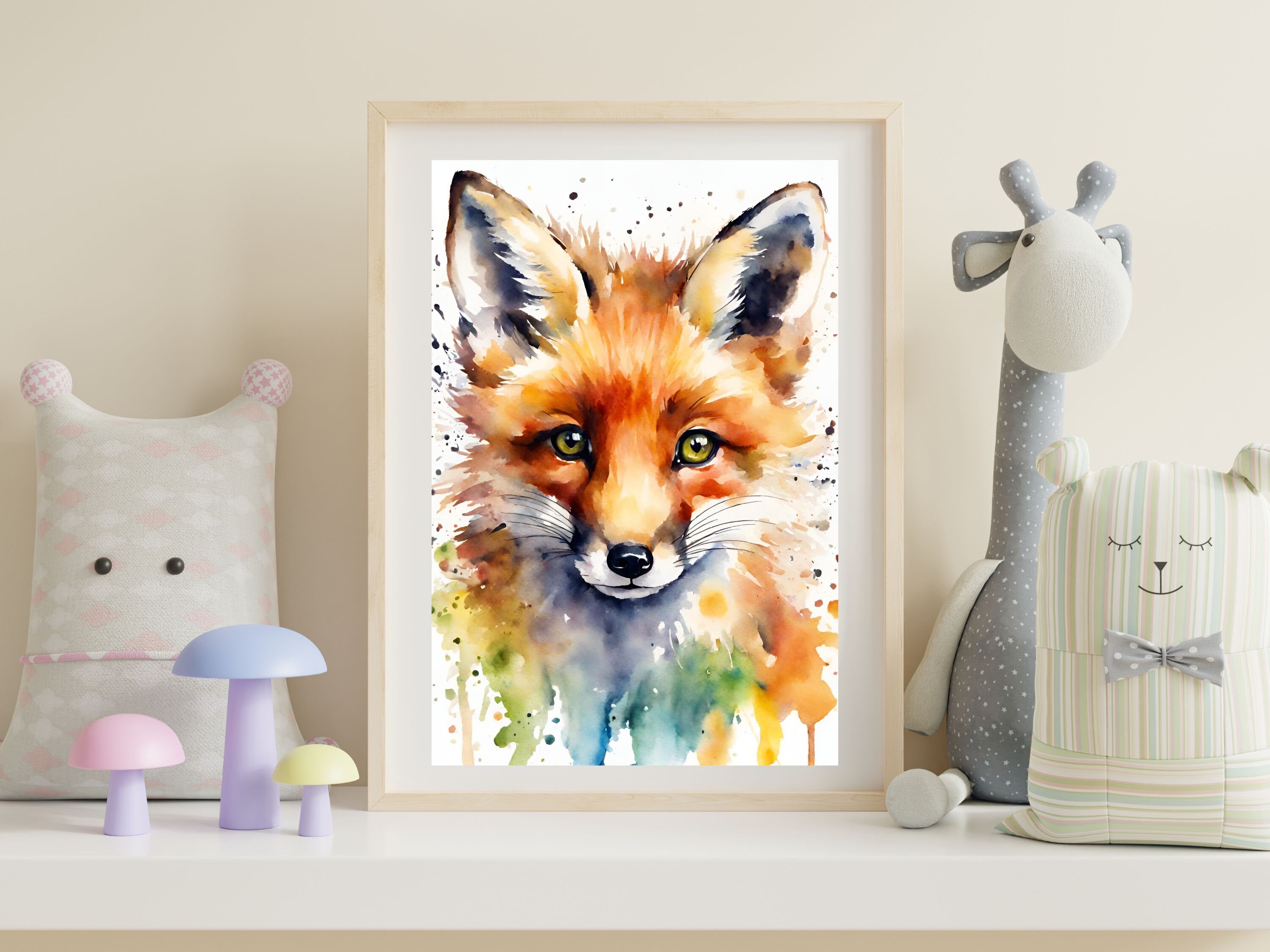 Print of Cute Baby Fox. Printable Watercolor Nursery Wall Art. Colorful ...