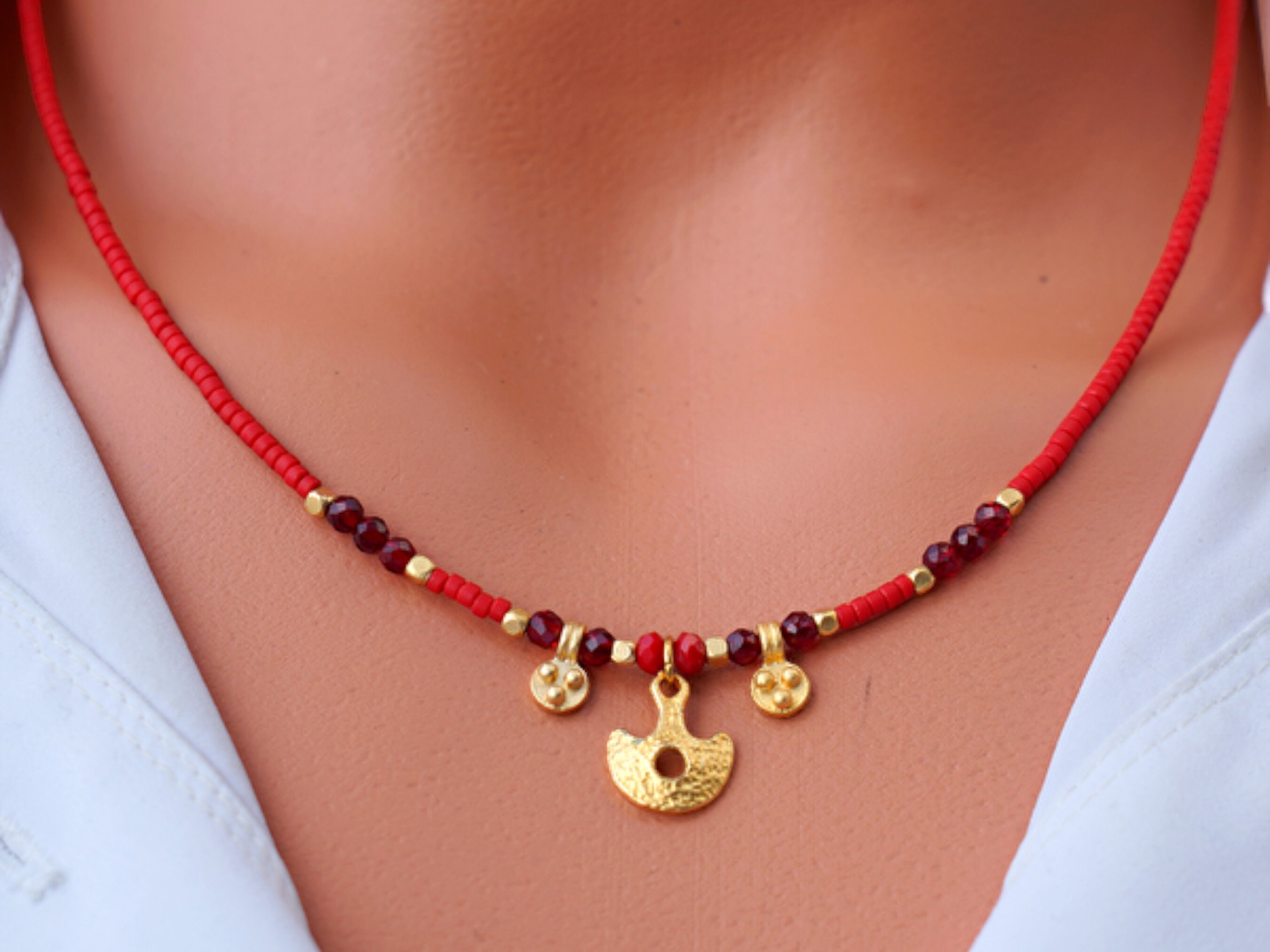 Red Minimalist Necklace Handcrafted Stone and Crystal Jewelry - Etsy