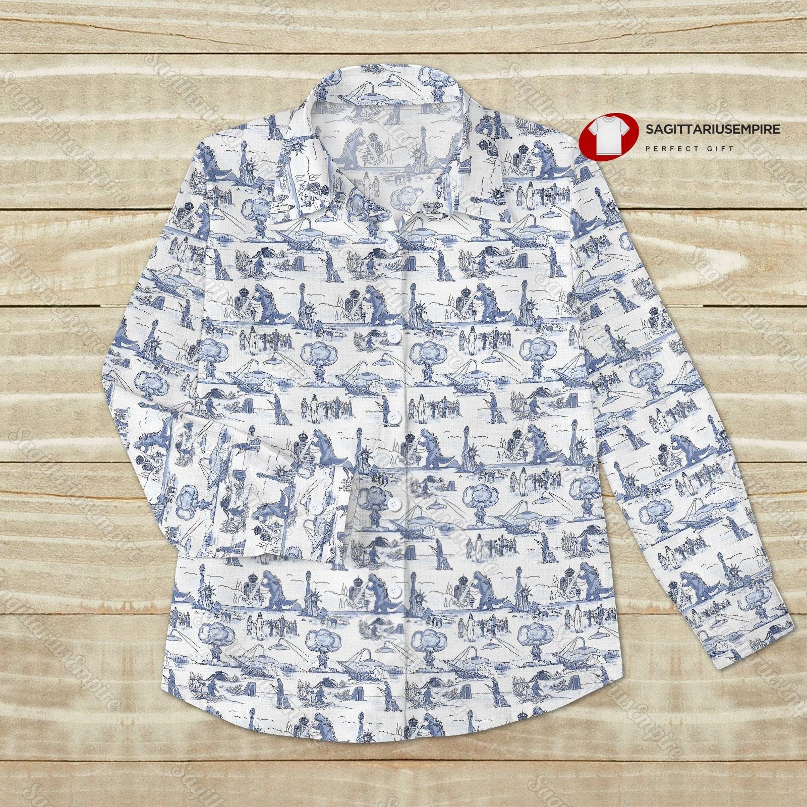 Godzilla Linen Shirt, Godzilla Long Sleeve Shirt, Godzilla Casual Shirt ...