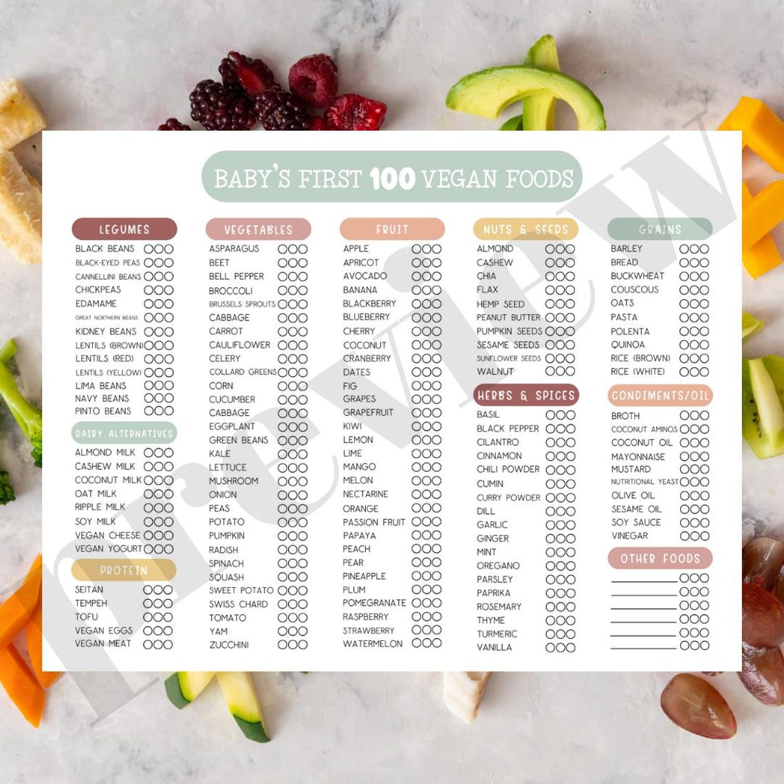 Vegan Baby Led Weaning Checklist First Foods Tracker Printable Digital ...
