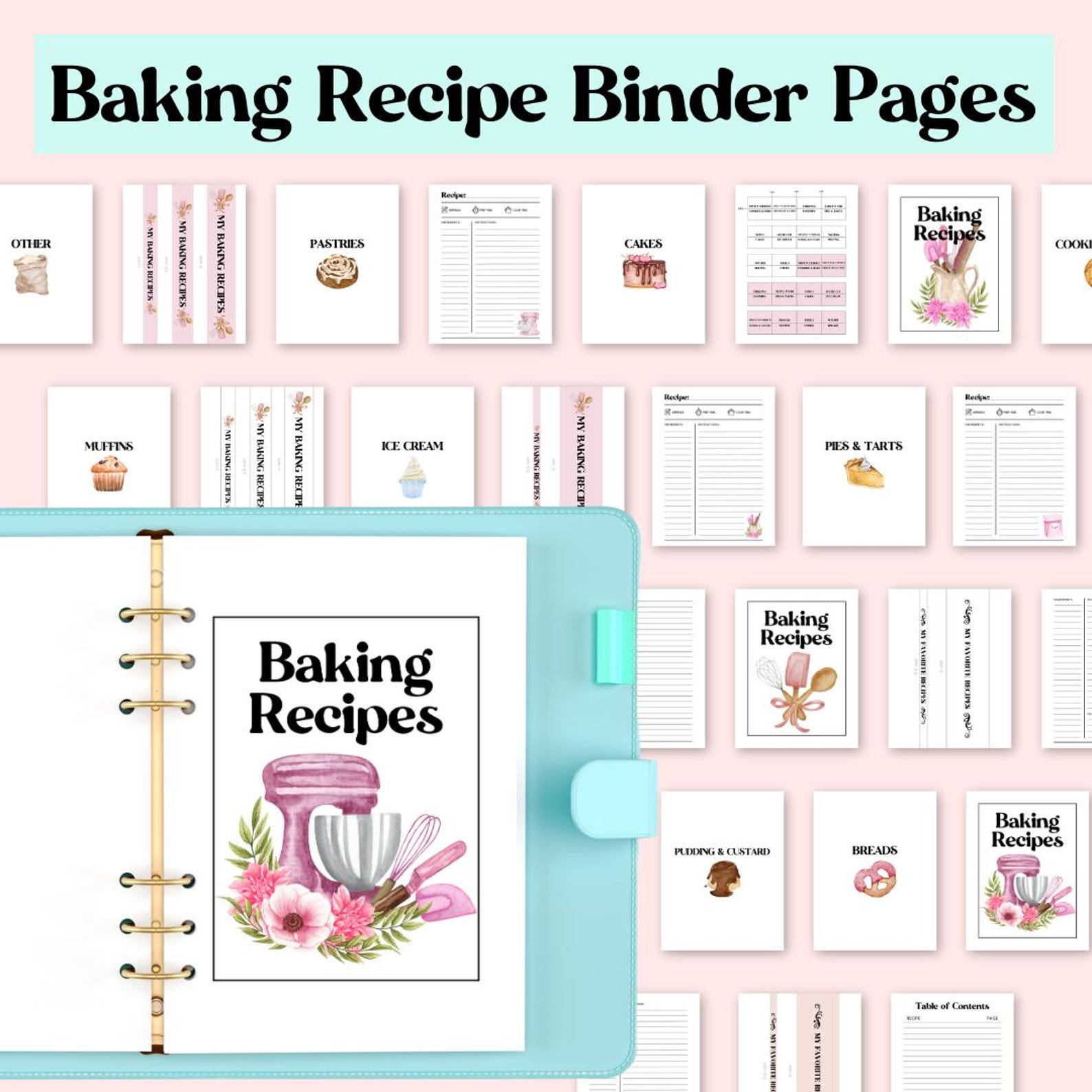 Printable Baking Recipe Binder Pages | 8.5x11 | Baking Gifts | Baking ...
