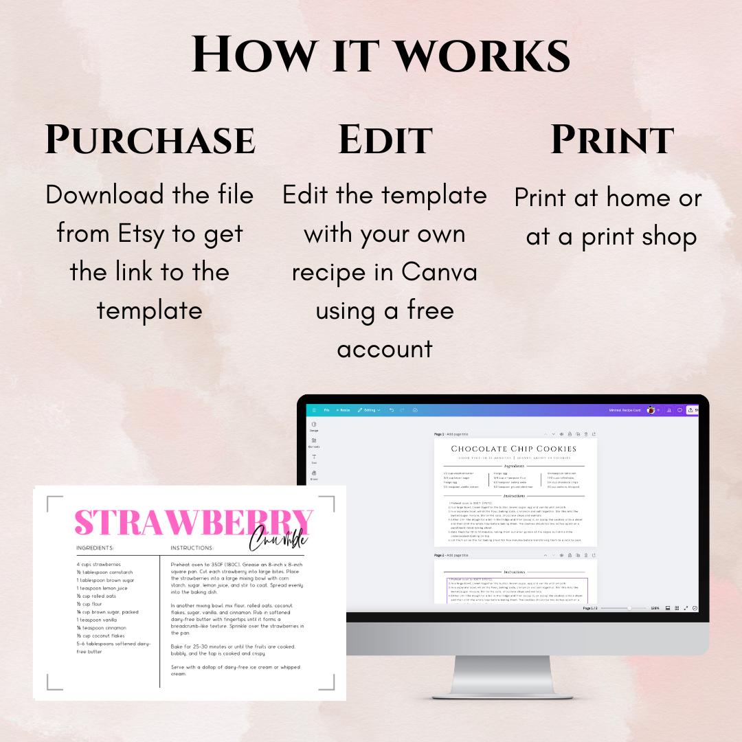 Modern Recipe Card Template for Recipe Box, Simple Recipe Card, CANVA ...
