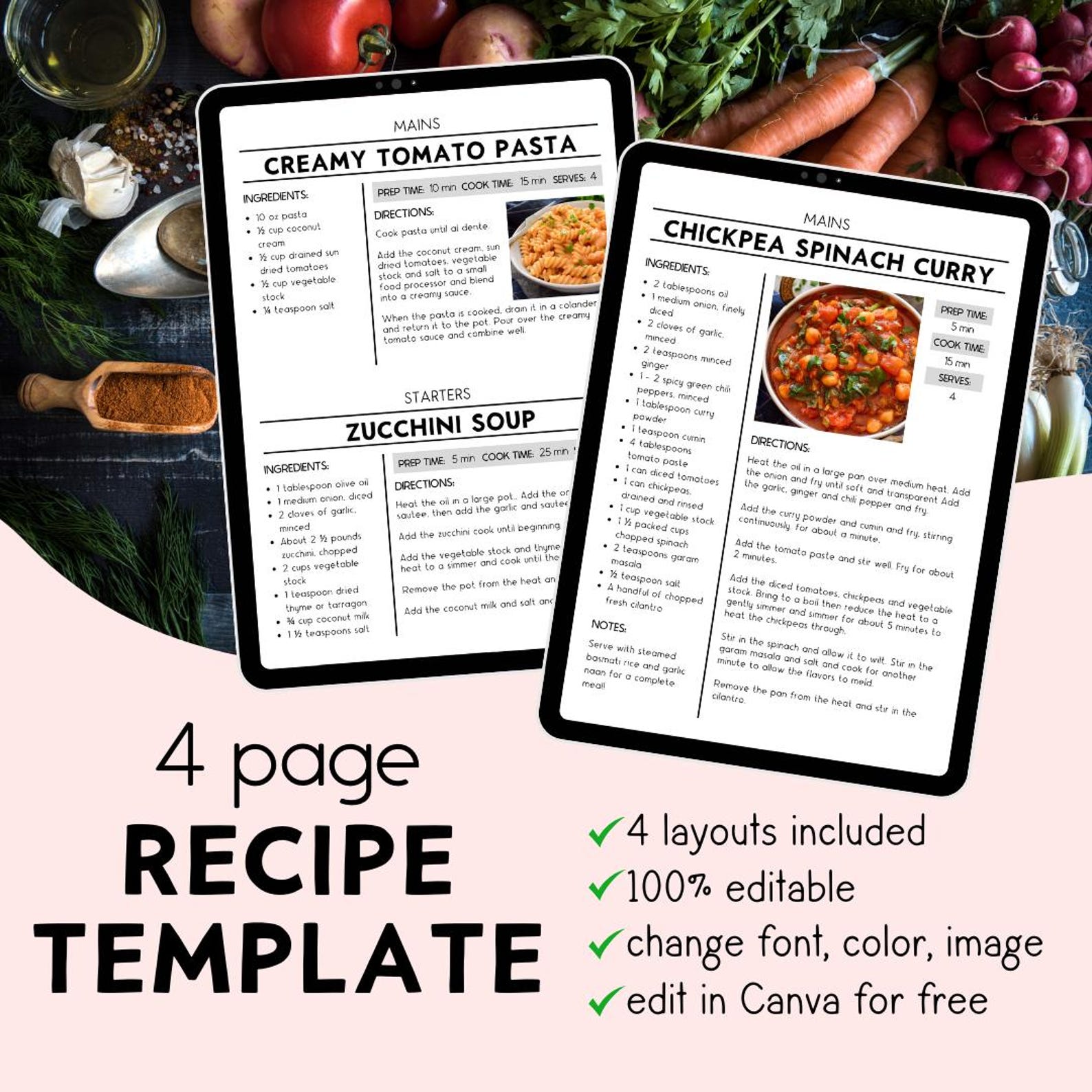 Recipe Template, Printable Recipe Book, Editable Recipe Template, Clean ...