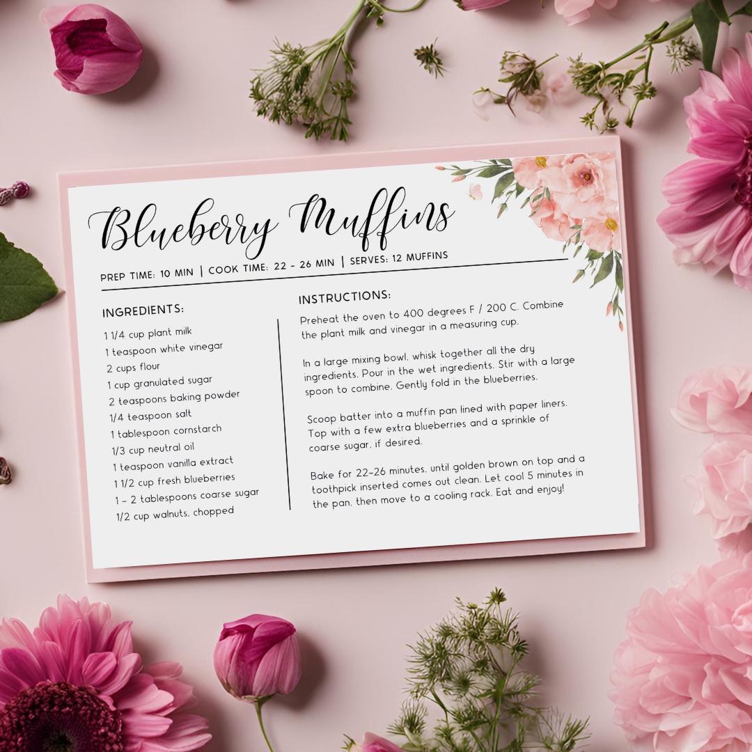 Feminine Floral Recipe Card Template for Recipe Box Simple Recipe Card ...