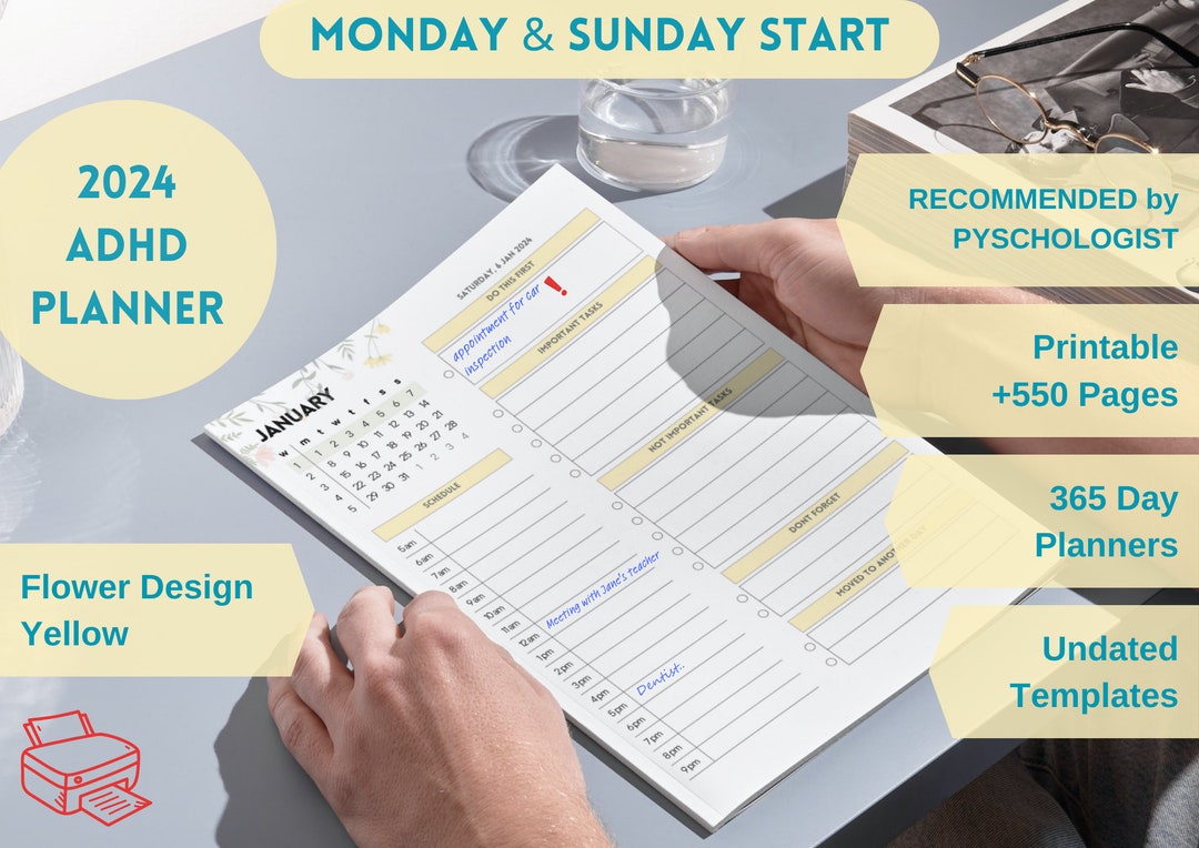 ADHD Printable Planner 2024, Yellow, Include Undated Templates, Daily ...