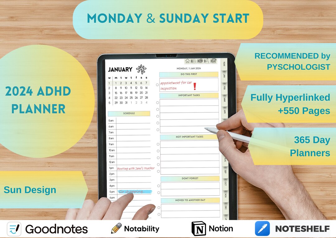 ADHD Digital Planner 2024, Fully Hyperlinked, User Friendly, Daily ...