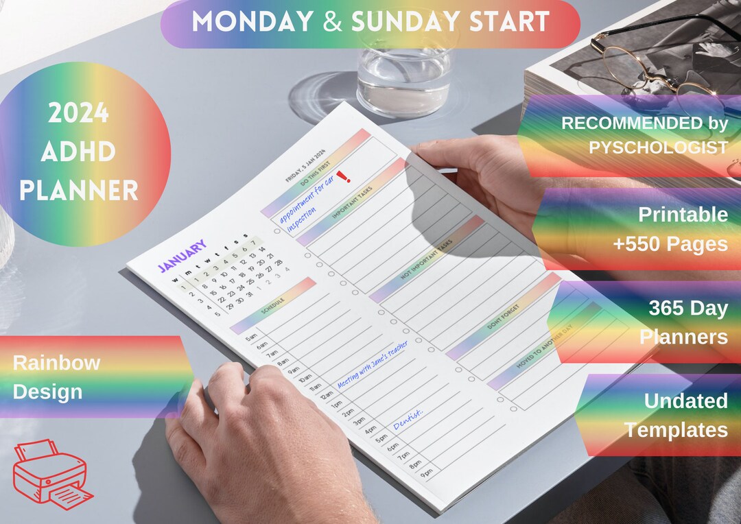 ADHD Printable Planner 2025, Rainbow, Include Undated Template, Daily ...