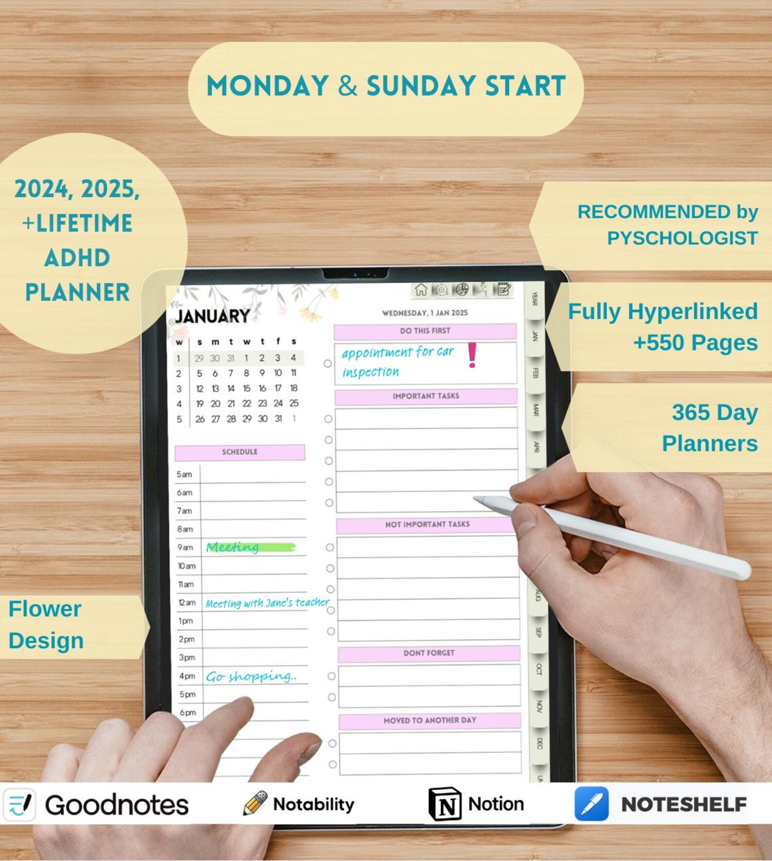 ADHD Digital Planner 2025, Fully Hyperlinked, User Friendly, Daily ...