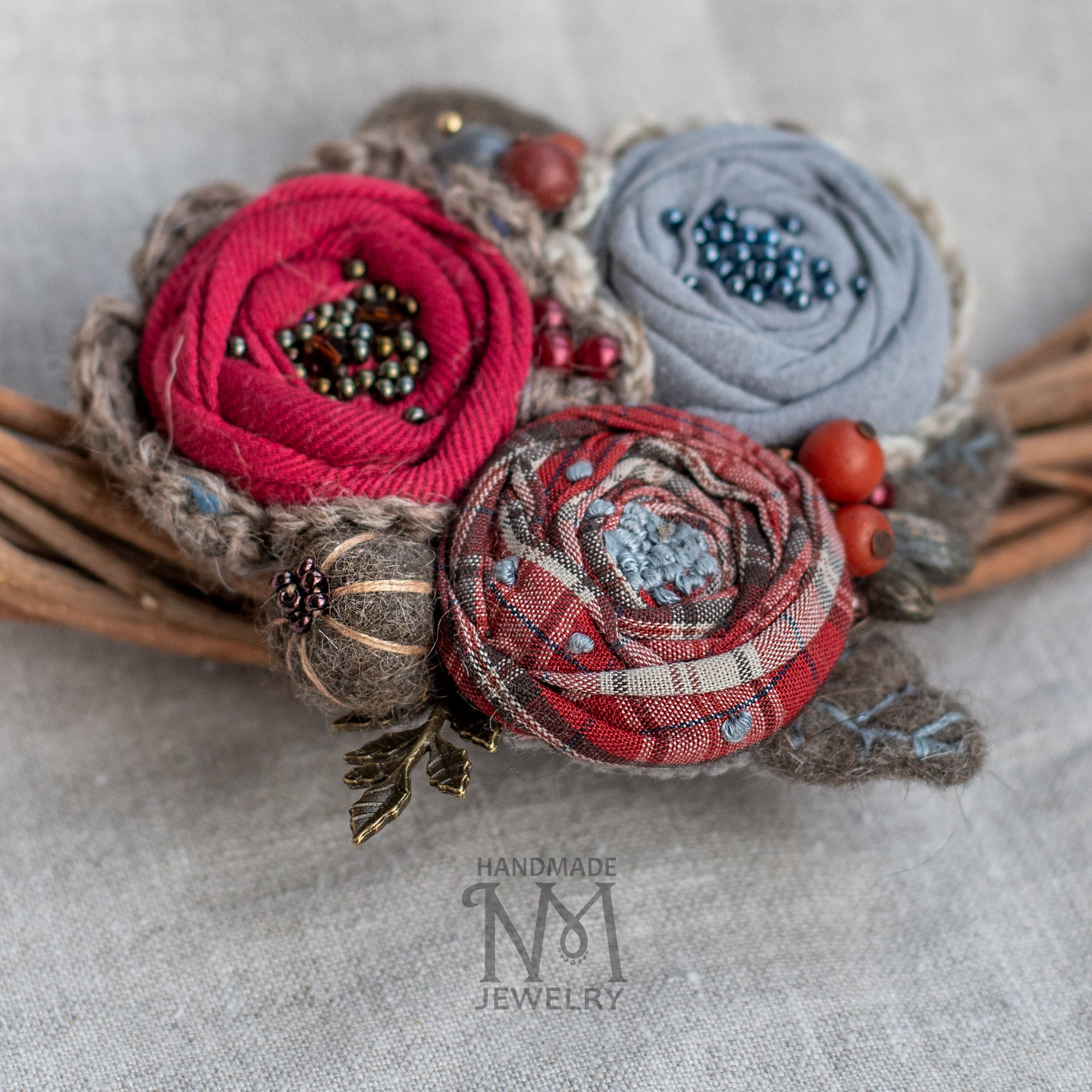 Handmade Brooch Sultry Rose Textile Brooch, Wool Brooch, Beads Brooch ...