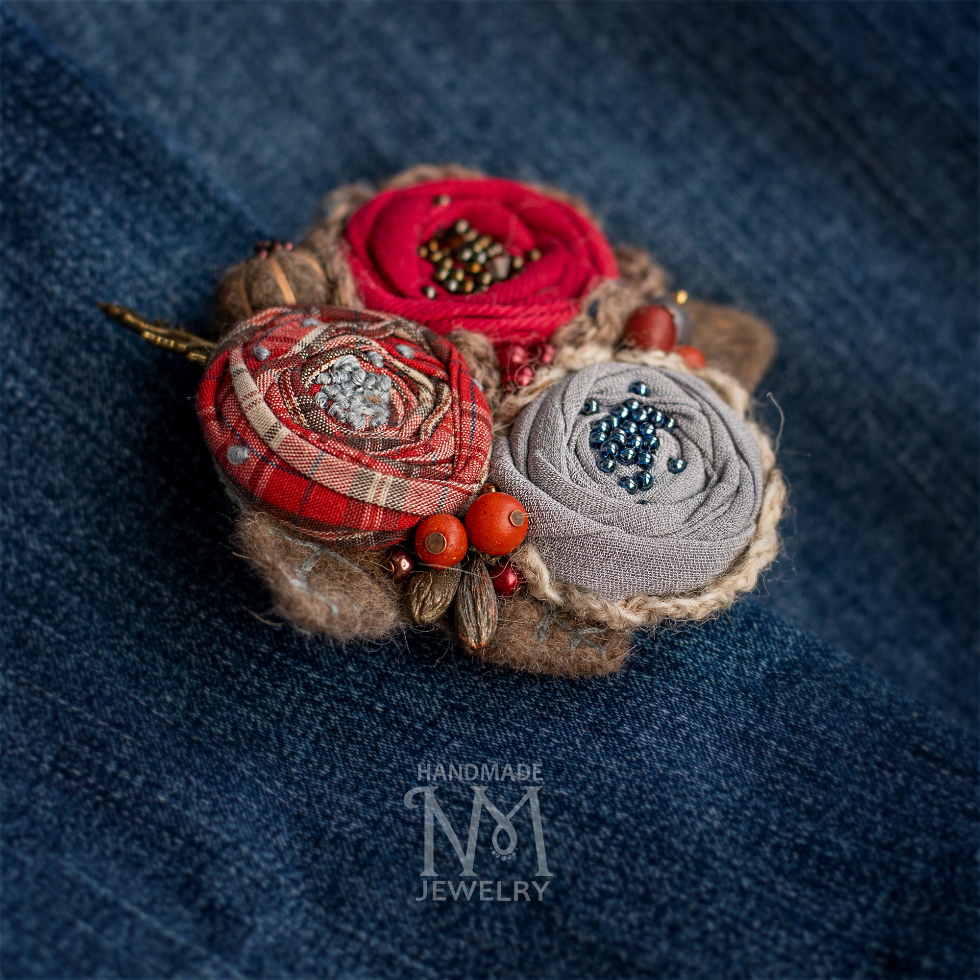 Handmade Brooch Sultry Rose Textile Brooch, Wool Brooch, Beads Brooch ...