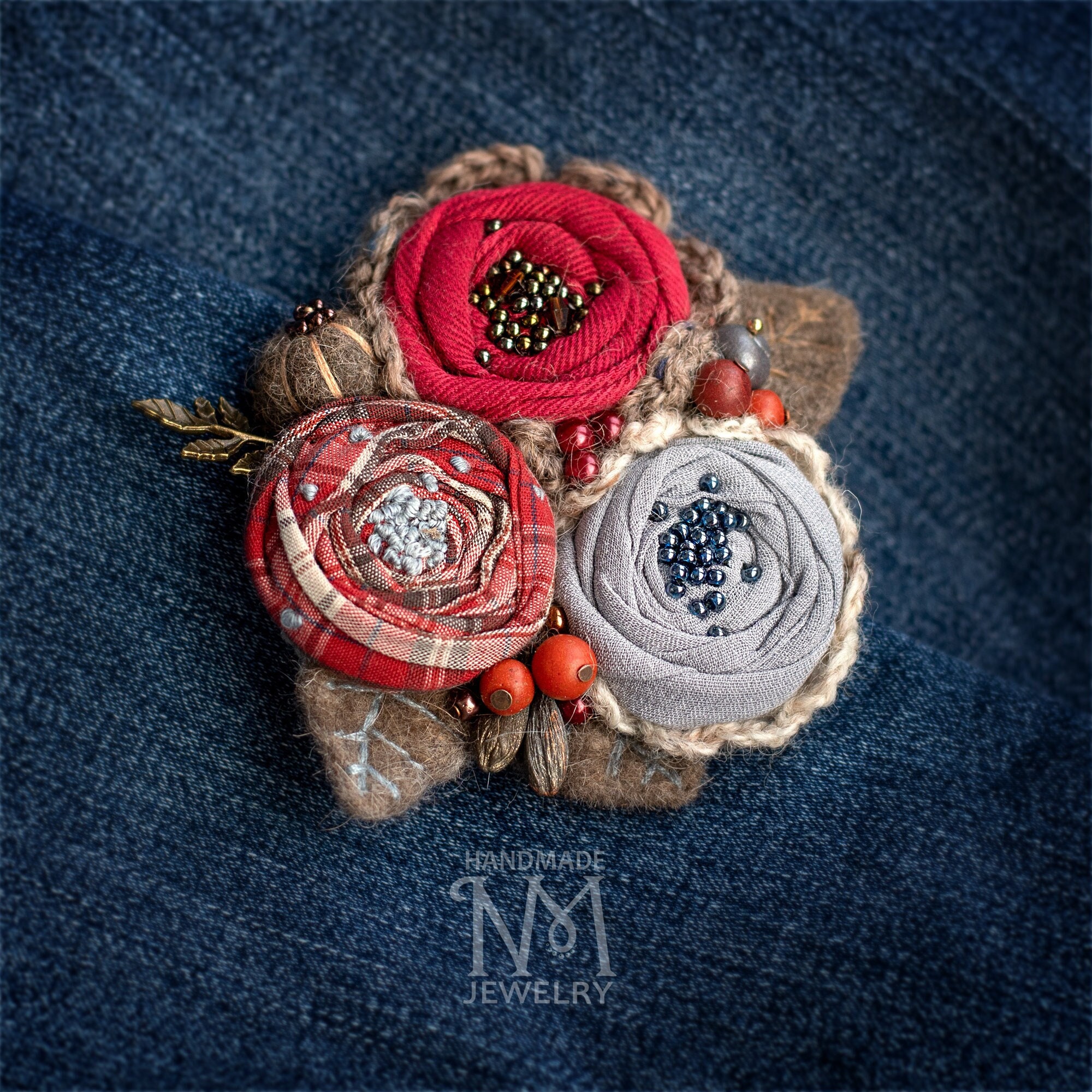 Handmade Brooch Sultry Rose Textile Brooch, Wool Brooch, Beads Brooch ...