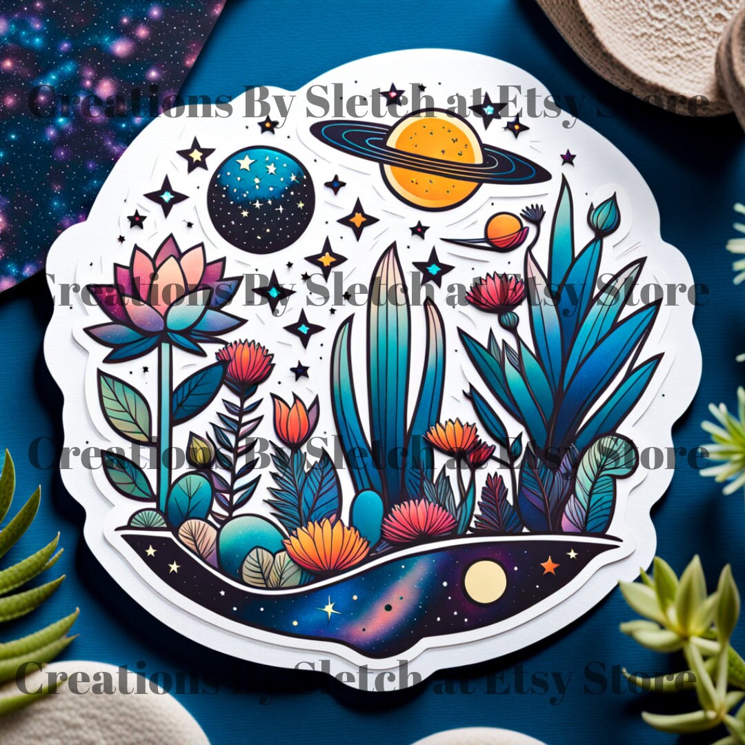 Galactic Garden Stickers PNG Digital: Cosmic Botanical Pack, Unique ...