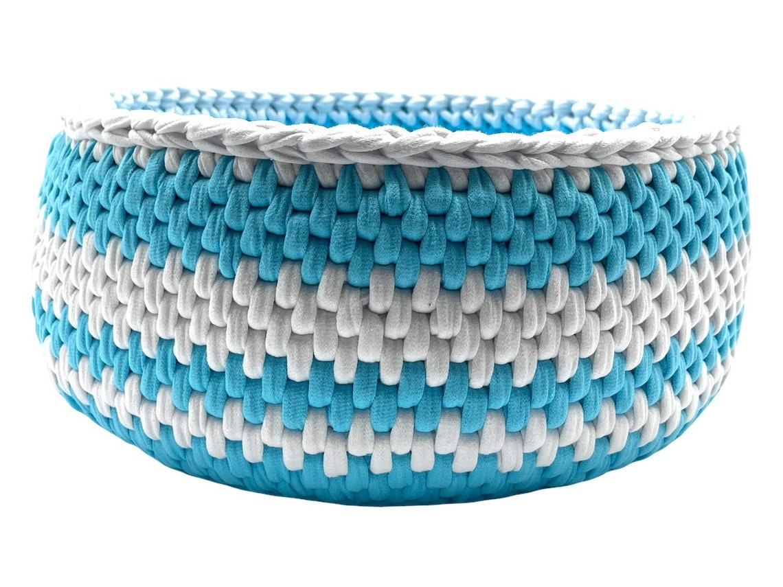 Blue and White Handmade Crochet Basket With Wooden Base - Etsy
