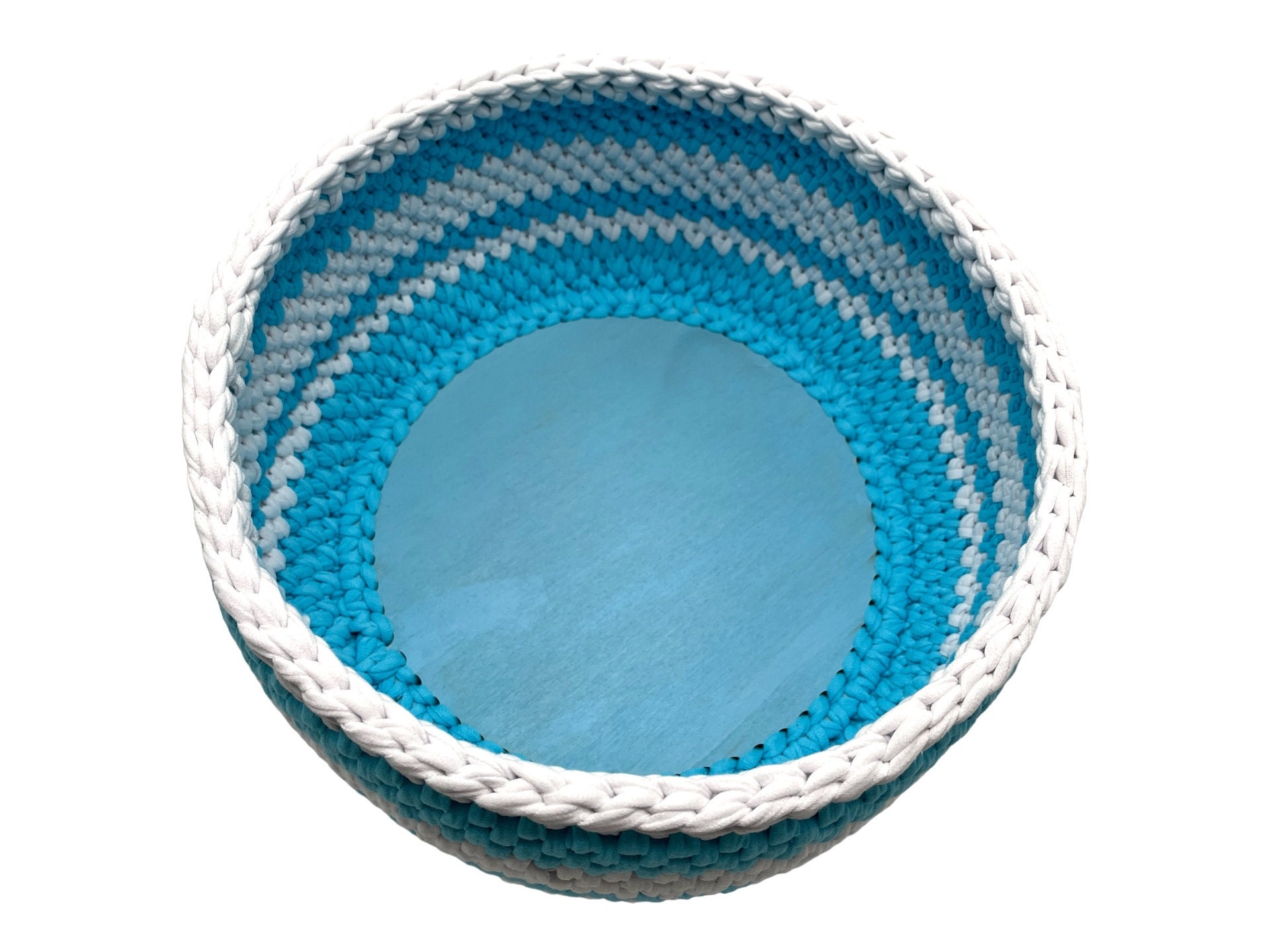 Blue and White Handmade Crochet Basket With Wooden Base - Etsy