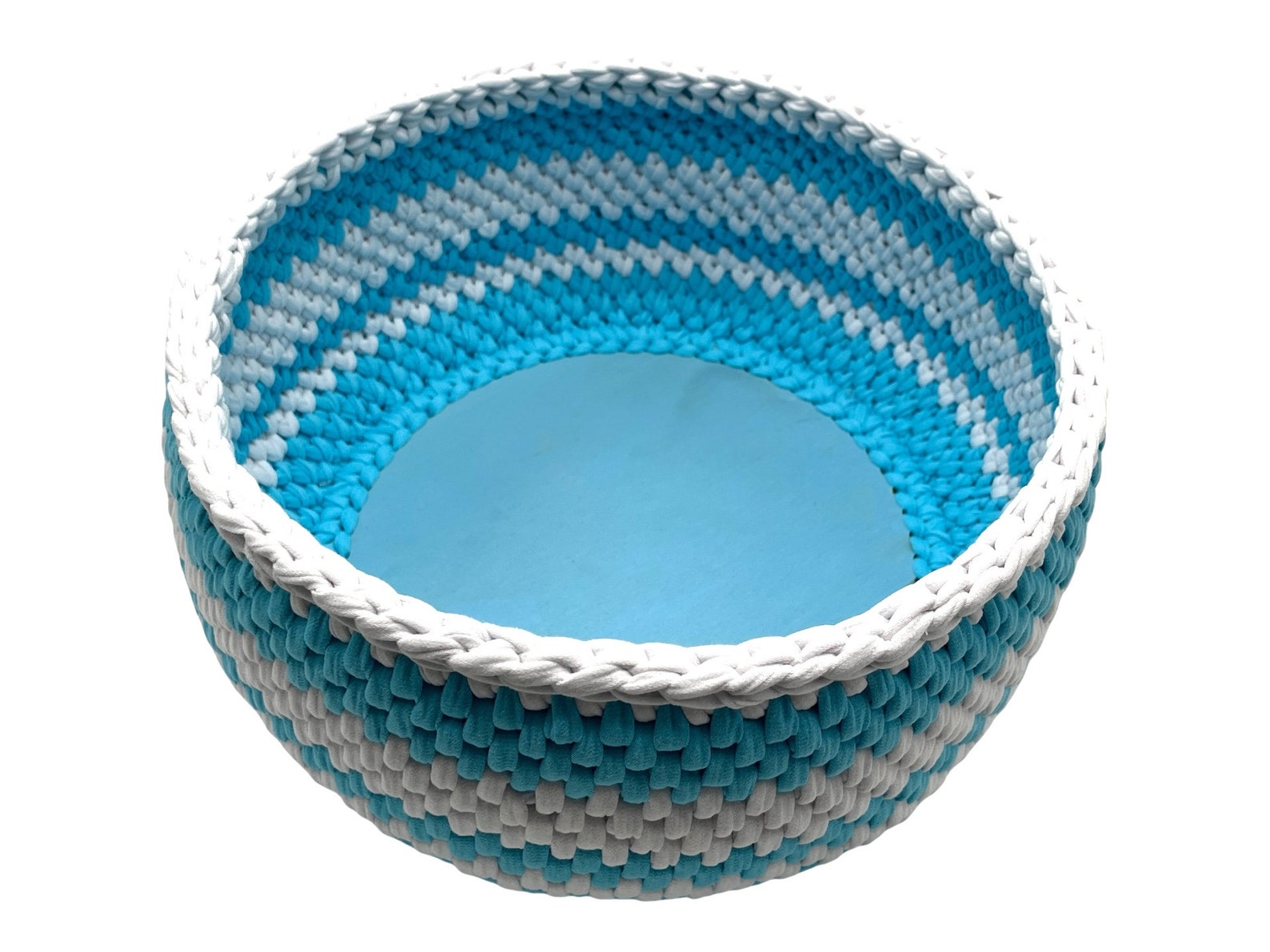 Blue and White Handmade Crochet Basket With Wooden Base - Etsy