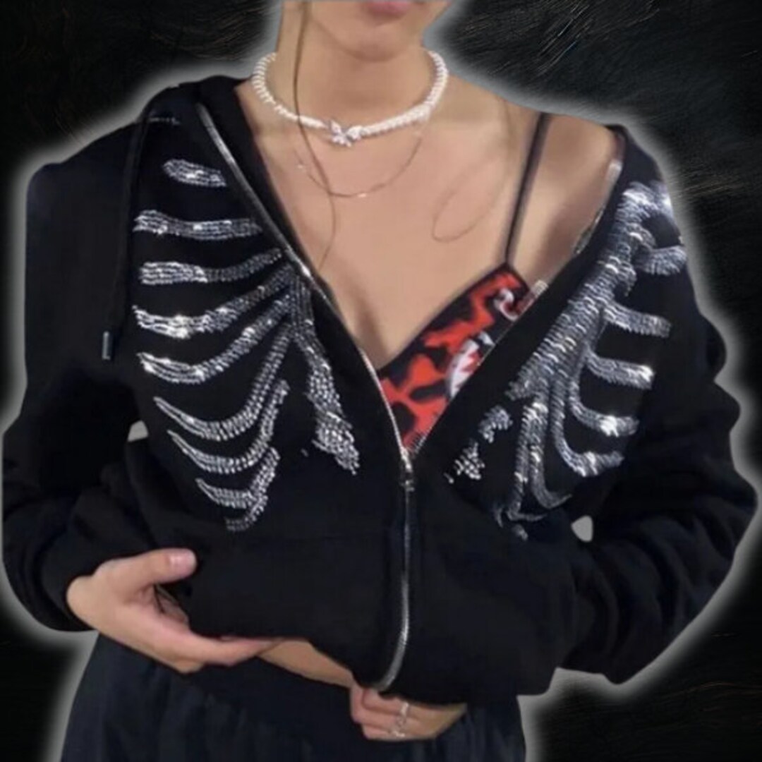 Y2K Rhinestone Skeleton Hoodie, Goth Clothes, Zip-up Oversized Sweatshirt, Retro Hoodie ...