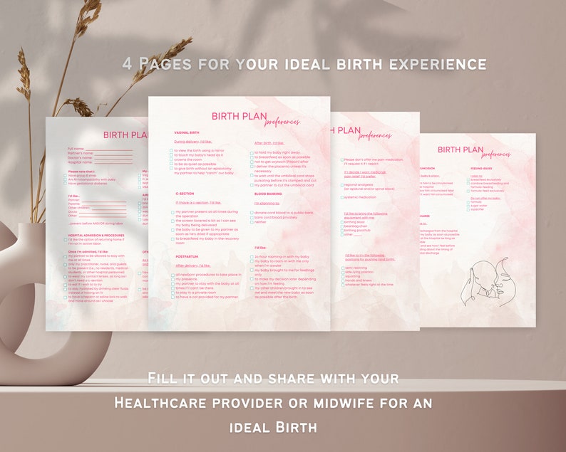 Plantilla de plan de parto imprimible, 4 páginas, diseño en colores ...