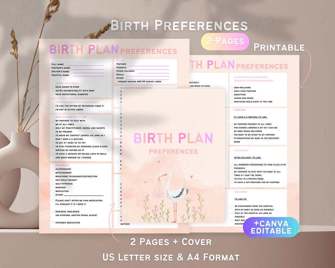 Birth Plan Template Printable, 2-pages, Pastel Design , C-section ...