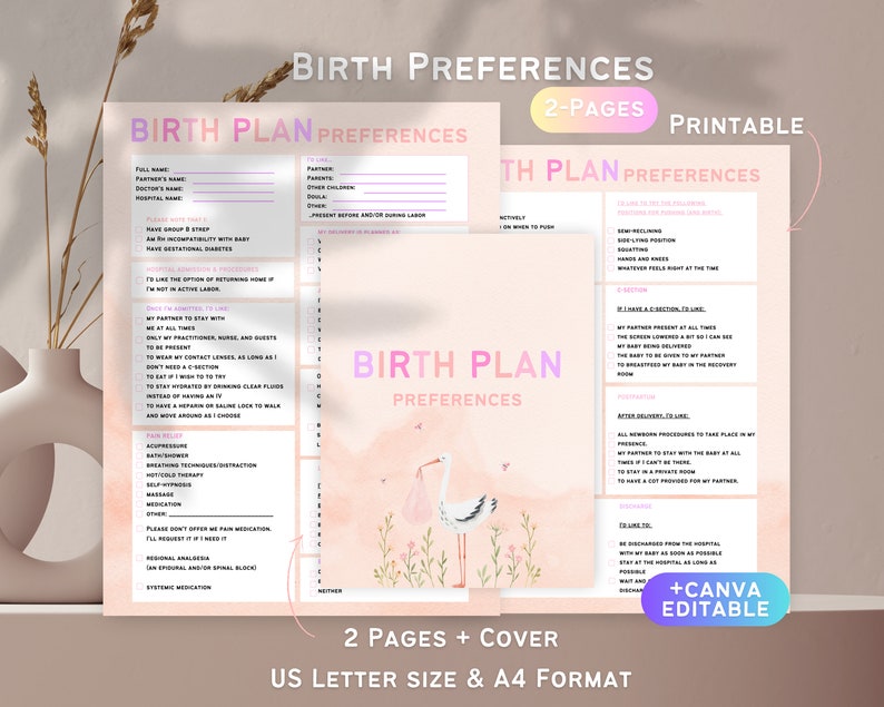 Birth Plan Template Printable, 2-pages, Pastel Design , C-section ...