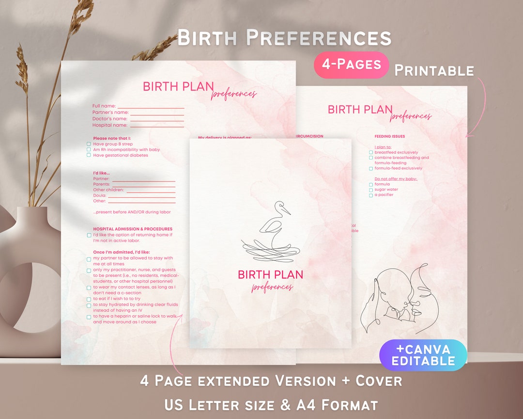 Plantilla de plan de parto imprimible, 4 páginas, diseño en colores ...