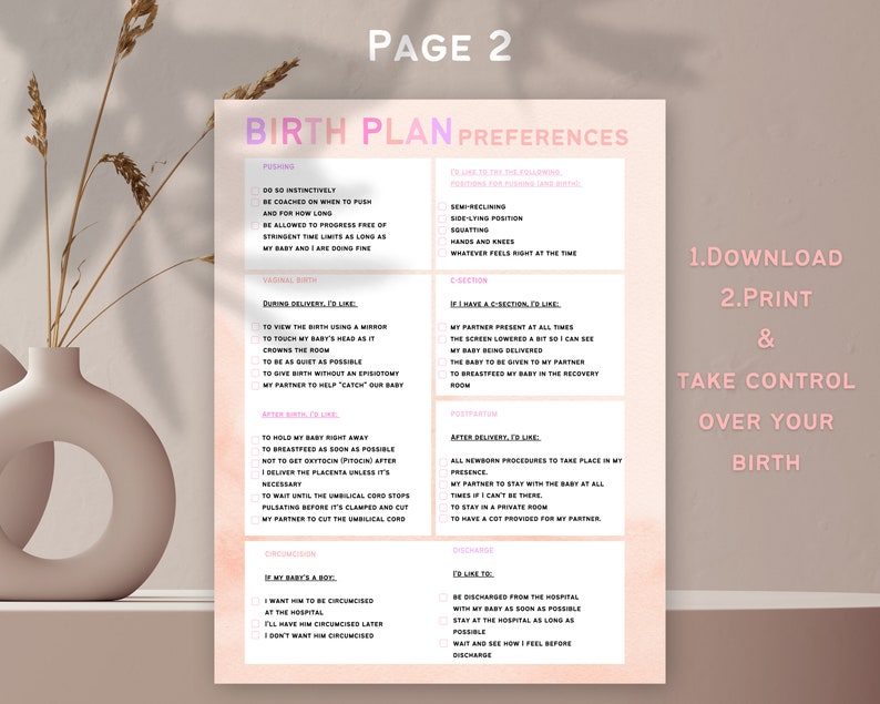 Birth Plan Template Printable, 2-pages, Pastel Design , C-section ...