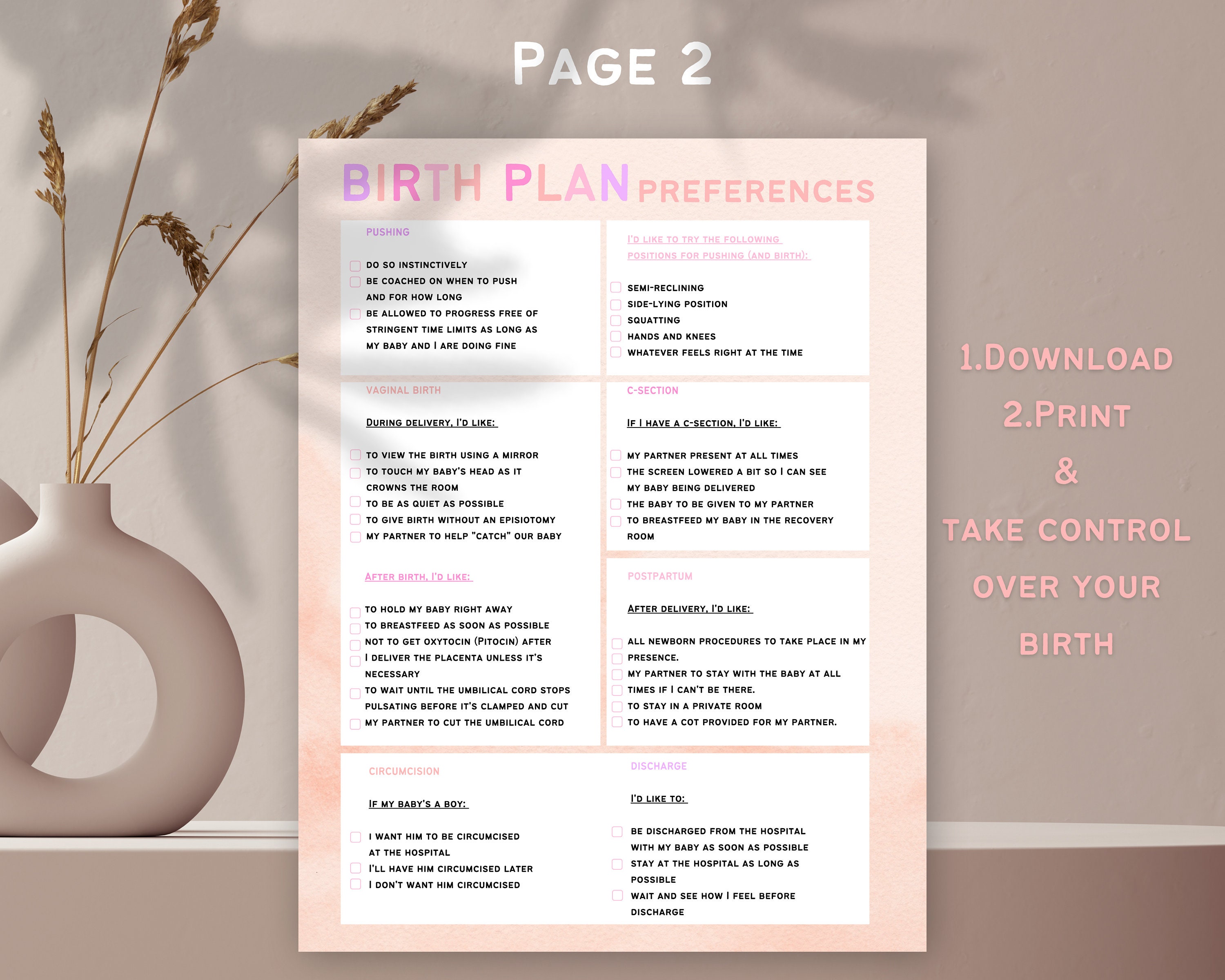 Birth Plan Template Printable, 2-pages, Pastel Design , C-section ...