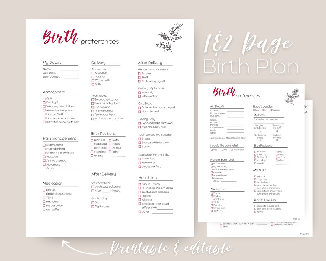 Birth Plan Template Printable, Editable in Canva, 1 & 2 Page Version - Etsy