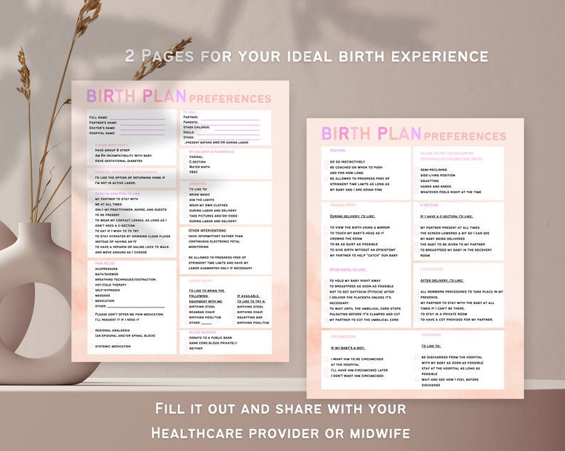 Birth Plan Template Printable, 2-pages, Pastel Design , C-section ...