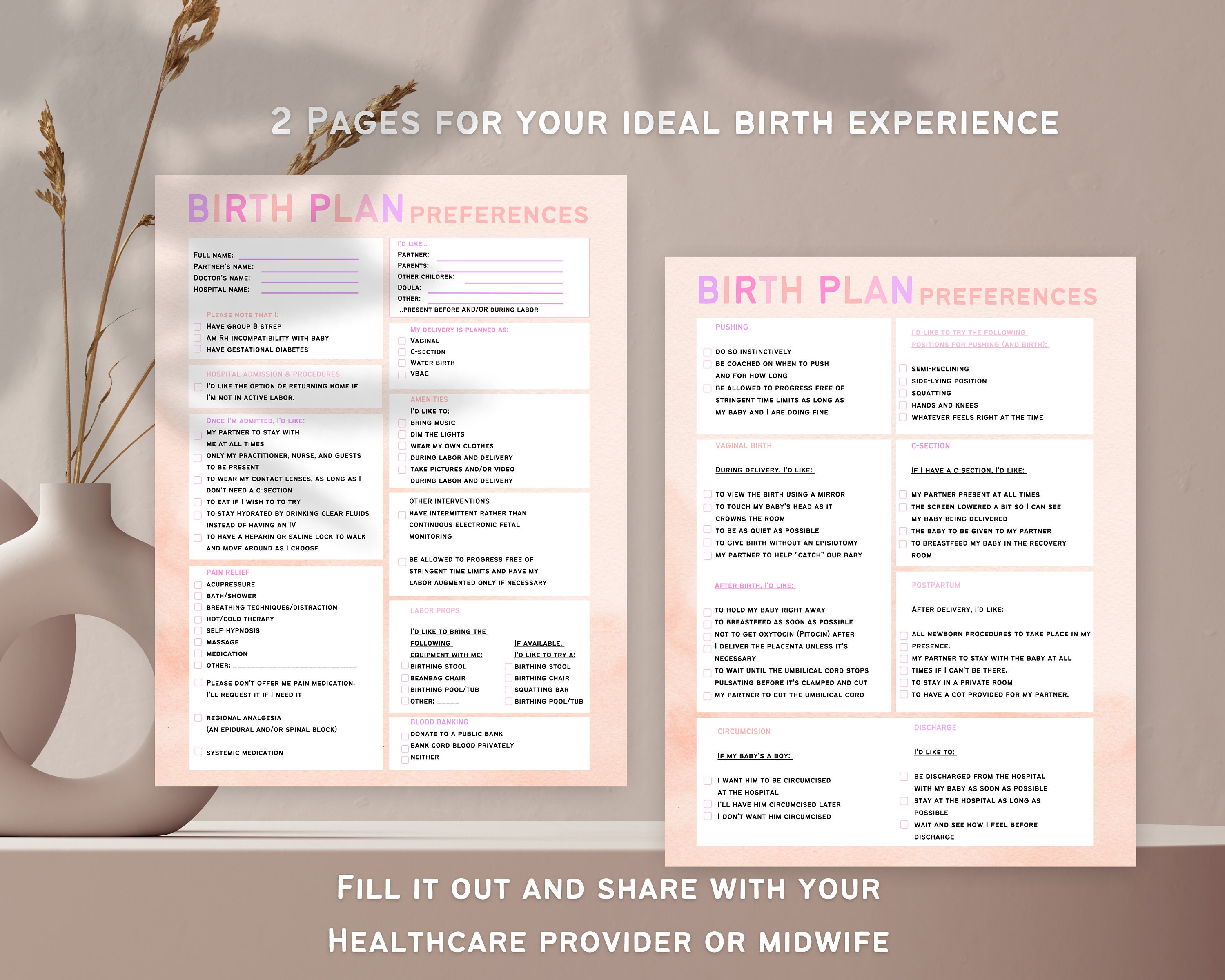 Birth Plan Template Printable, 2-pages, Pastel Design , C-section ...
