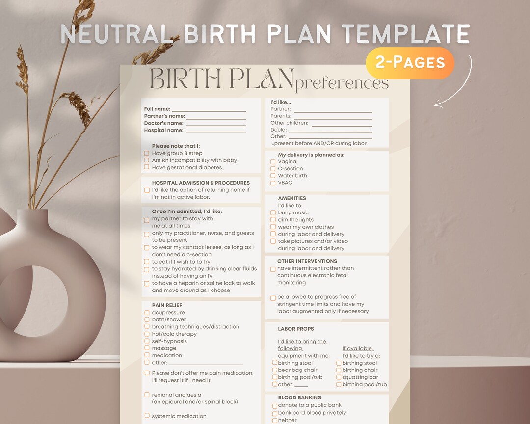 2-page Birth Plan Template, Neutral Design , C-section, Printable ...