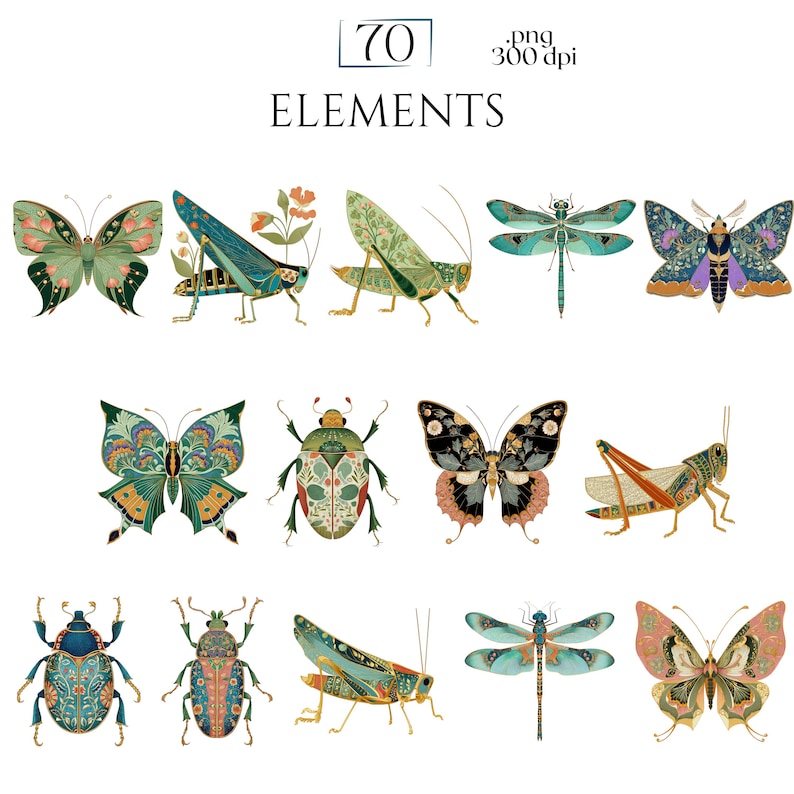 Art Nouveau Bugs Clipart, Ornamental Insect PNG, Vintage Botanical ...