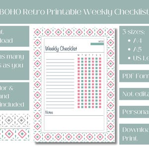 Printable Weekly Checklist Template, Boho Retro Theme, Blank List, List ...