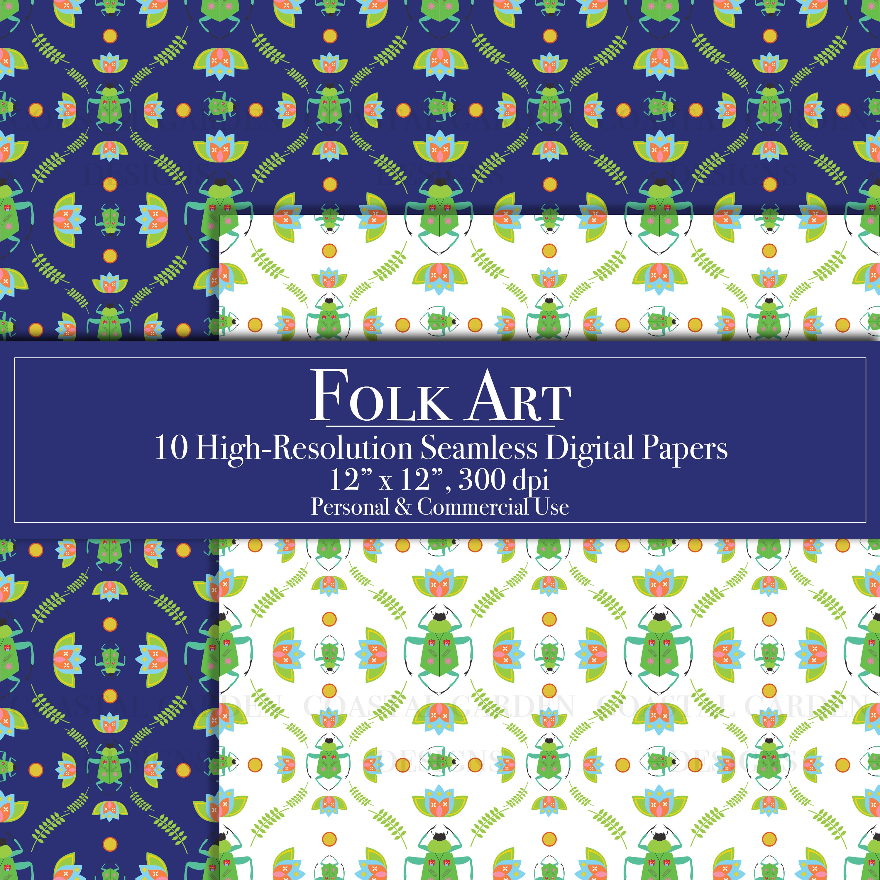 Folk Art Digital Paper, Seamless Digital Scrapbook Paper, Planner ...