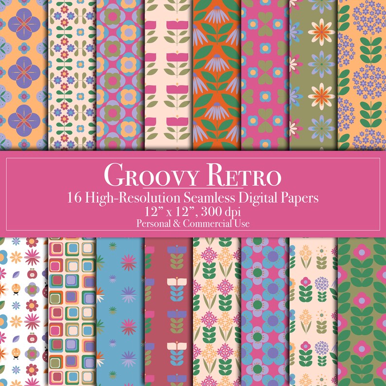 Groovy Retro Clipart & Digital Papers Mega Bundle, Seamless Patterns ...