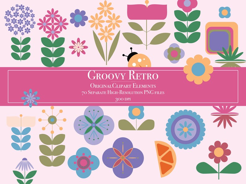 Groovy Retro Clipart & Digital Papers Mega Bundle, Seamless Patterns ...