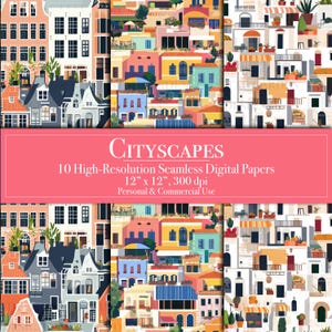 Cityscape Digital Papers, Buildings Seamless Digital Scrapbook Patterns ...