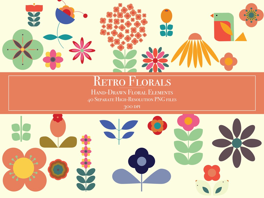 Retro Florals Clipart Set, Happy Floral Clip Art Collection, Cute ...