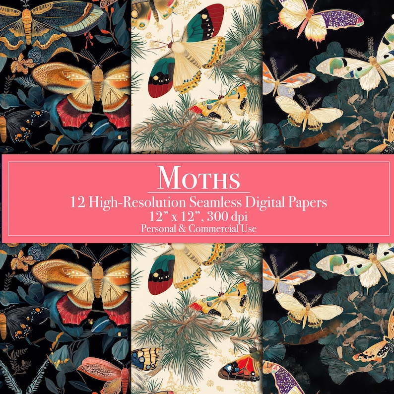 Moths Digital Paper, Moth Seamless Digital Scrapbook Paper, Planner ...