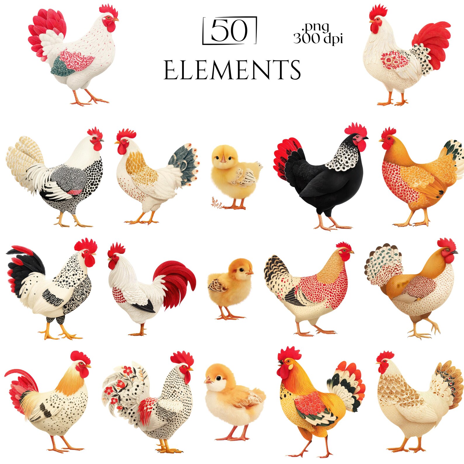 Chickens Clipart Bundle, Farm Rooster Hen PNG Pack, Cute Chicken ...