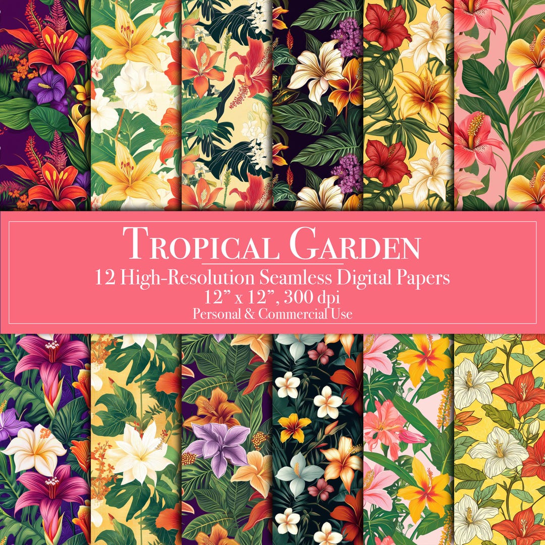 Tropical Flowers Digital Paper, Botanical Seamless Pattern, Scrapbook ...