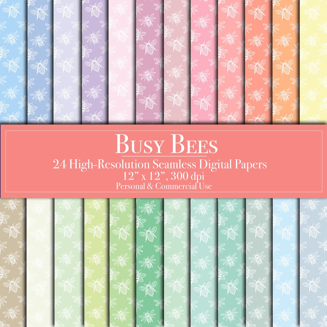 Pastel Busy Bees Digital Paper Bundle, Seamless Pattern Set, Scrapbook ...