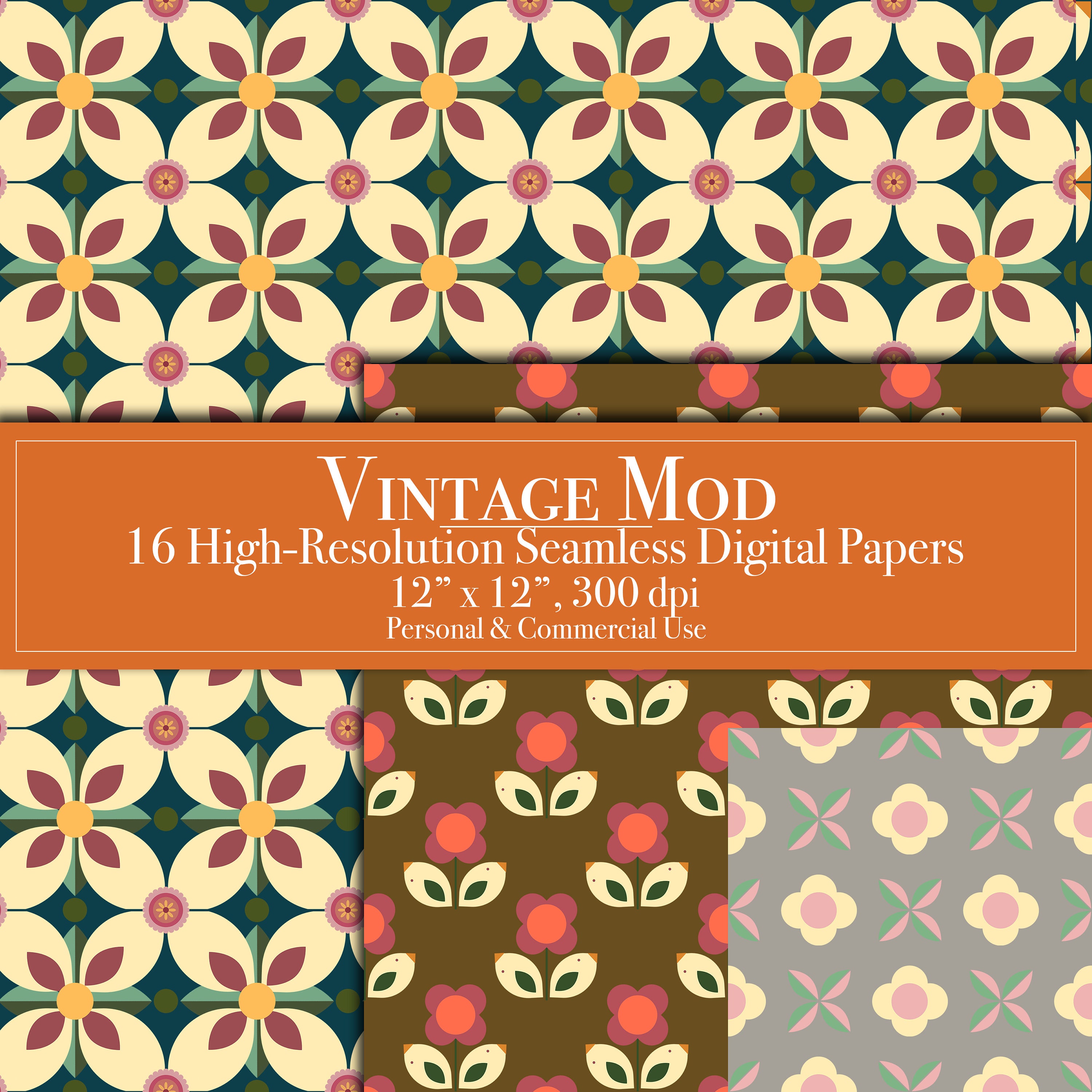 Retro Vintage Digital Papers, Seamless Pattern Scrapbook Paper ...