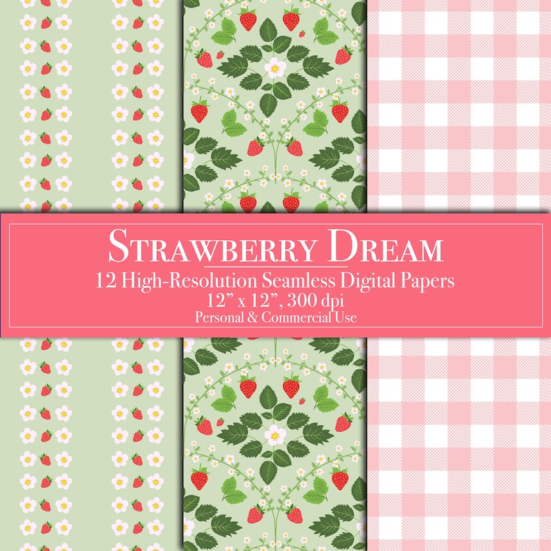 Strawberry Digital Paper Cute Strawberries Seamless Digital Scrapbook ...