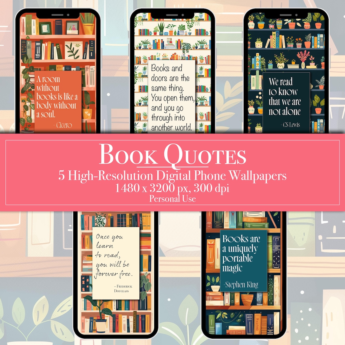 5 Book Quotes iPhone Android Wallpapers, Bookshelf Digital Download ...