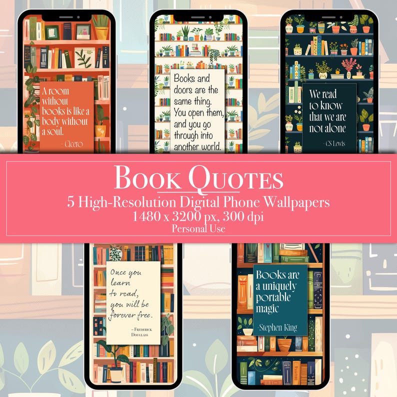 5 Book Quotes iPhone Android Wallpapers, Bookshelf Digital Download ...